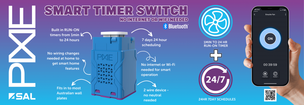 PIXIE Smart Timer - Smart Exhaust Fan Run-On Timer Switch - Smart Bathroom Extractor Fan